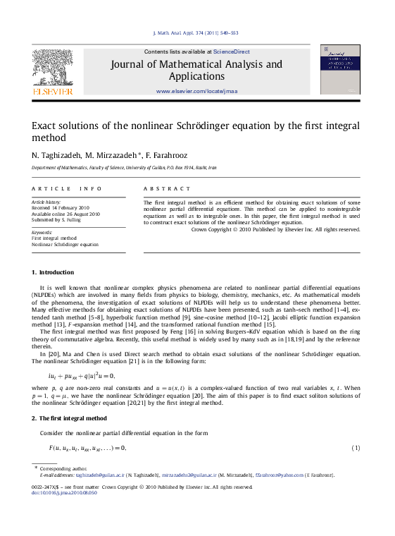 Pdf Exact Solutions Of The Nonlinear Schrödinger Equation By The First Integral Method