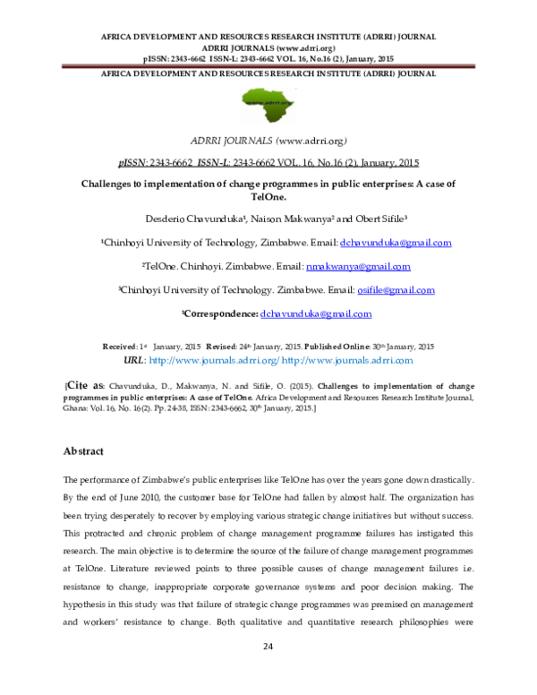 (PDF) Challenges to implementation of change programmes in public ...