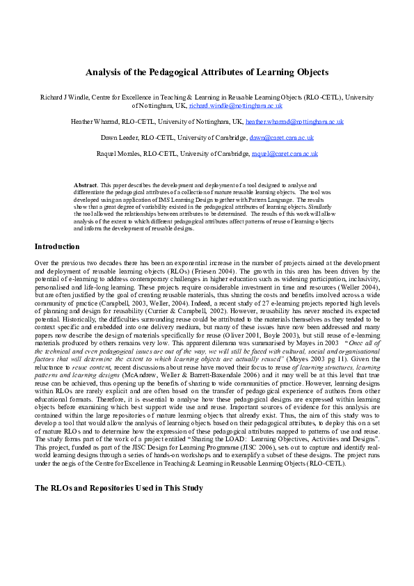 (PDF) Analysis of the Pedagogical Attributes of Learning Objects in an ...