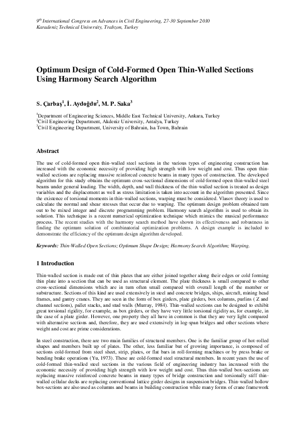 (PDF) Optimum Design of Cold-Formed Open Thin-Walled Sections Using Harmony Search Algorithm