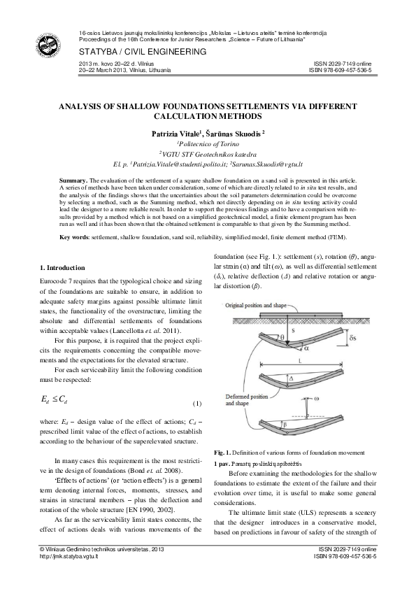 (PDF) Analysis of Shallow Foundations Settlements via Different Calculation Methods