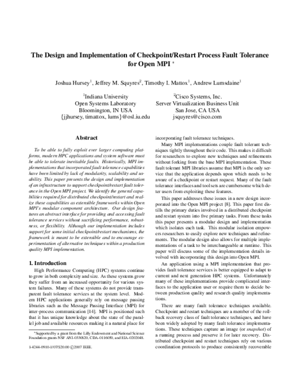 (PDF) The Design and Implementation of Checkpoint/Restart Process Fault Tolerance for Open MPI