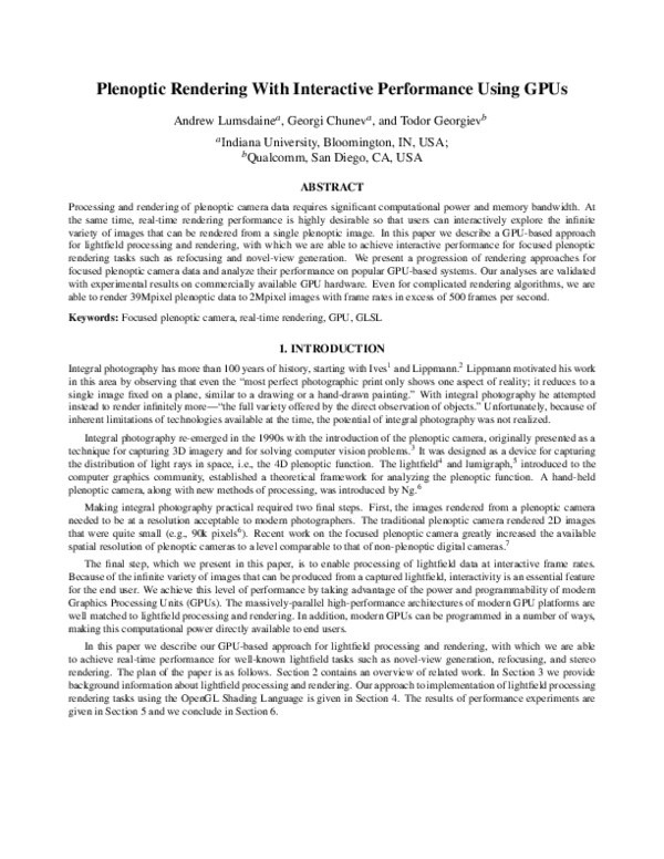 (PDF) Plenoptic rendering with interactive performance using GPUs