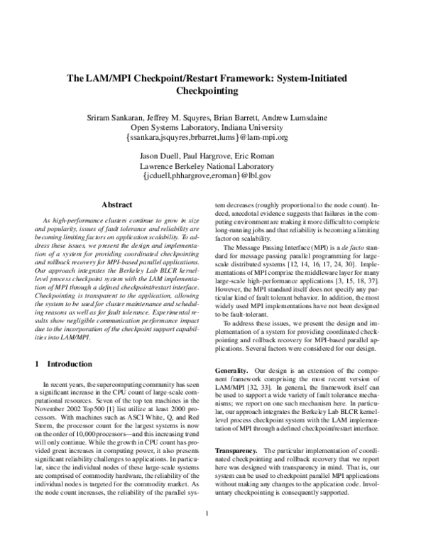 Pdf The Lam Mpi Checkpoint Restart Framework System Initiated Checkpointing