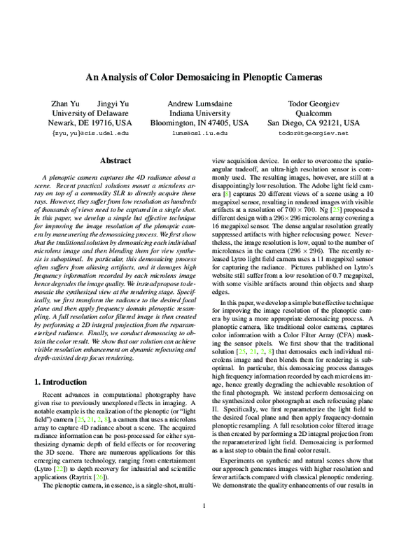 (PDF) An analysis of color demosaicing in plenoptic cameras