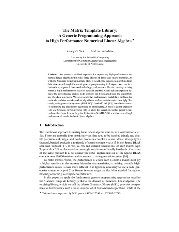 (PDF) The Matrix Template Library: A Generic Programming Approach to ...