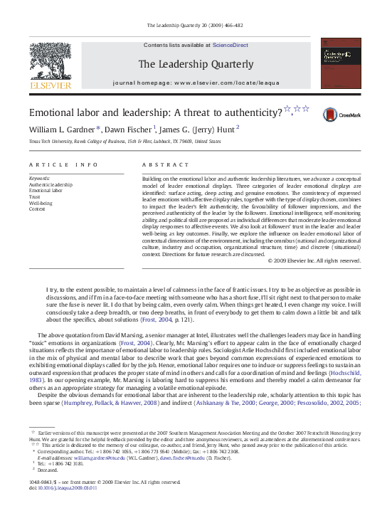 (PDF) Emotional labor and leadership: A threat to authenticity?