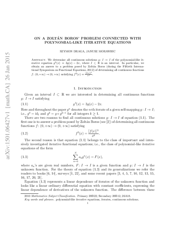 Pdf On A Zoltán Boros Problem Connected With Polynomial Like Iterative Equations
