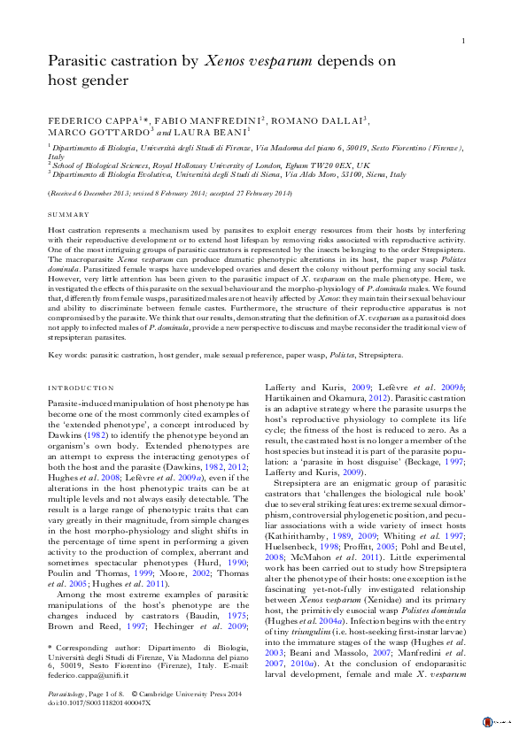 (PDF) Parasitic castration by Xenos vesparum depends on host gender