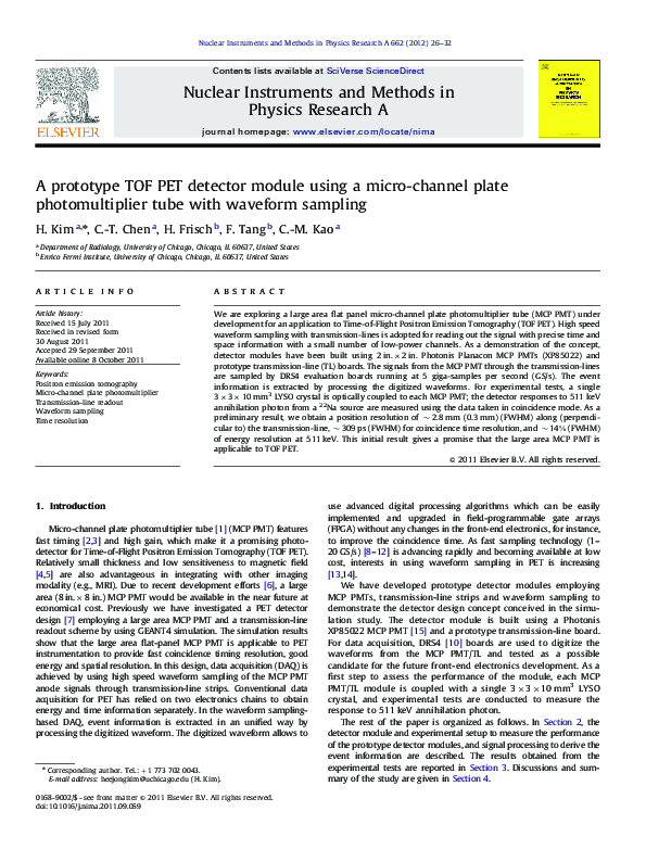 (PDF) A prototype TOF PET detector module using a micro-channel plate photomultiplier tube with ...