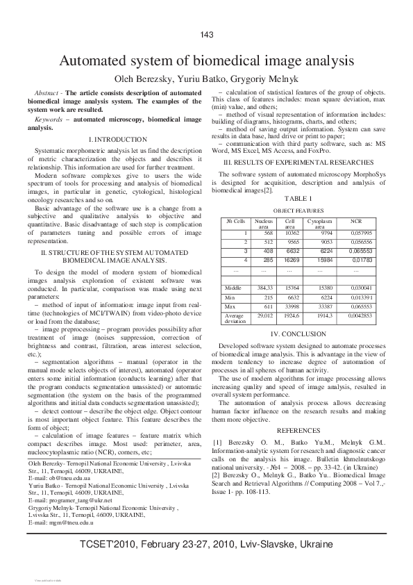 (PDF) Automated system of biomedical image analysis
