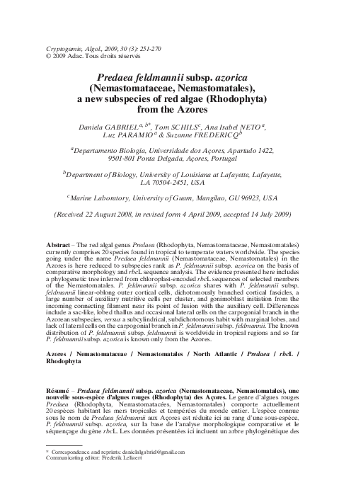 (PDF) Predaea feldmannii subsp. azorica (Nemastomataceae ...