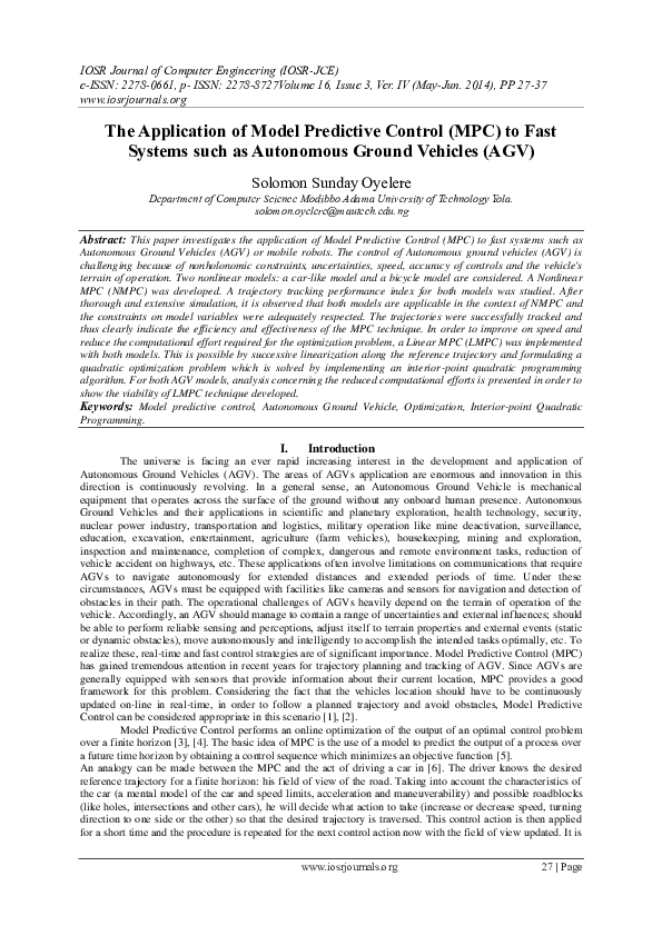 (PDF) The Application of Model Predictive Control (MPC) to Fast Systems such as Autonomous ...
