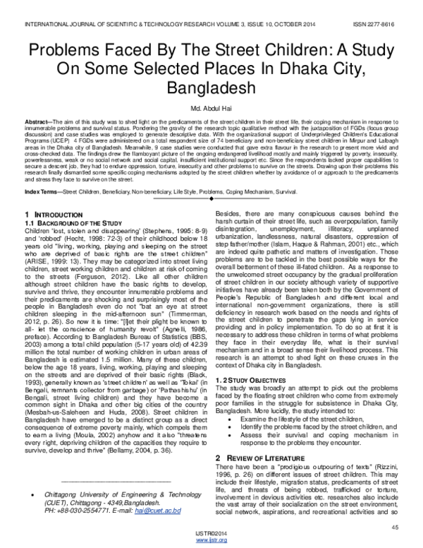 (PDF) Problems Faced by the Street Children : A Study on Some Selected ...
