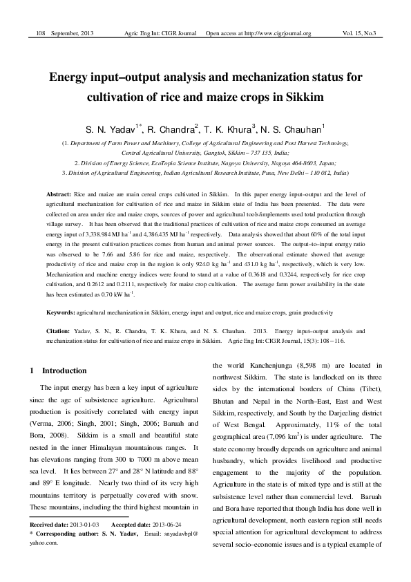 (PDF) Energy input–output analysis and mechanization status for cultivation of rice and maize ...
