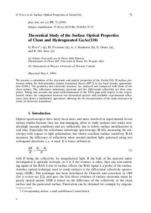 (PDF) Theoretical Study of the Surface Optical Properties of Clean and ...