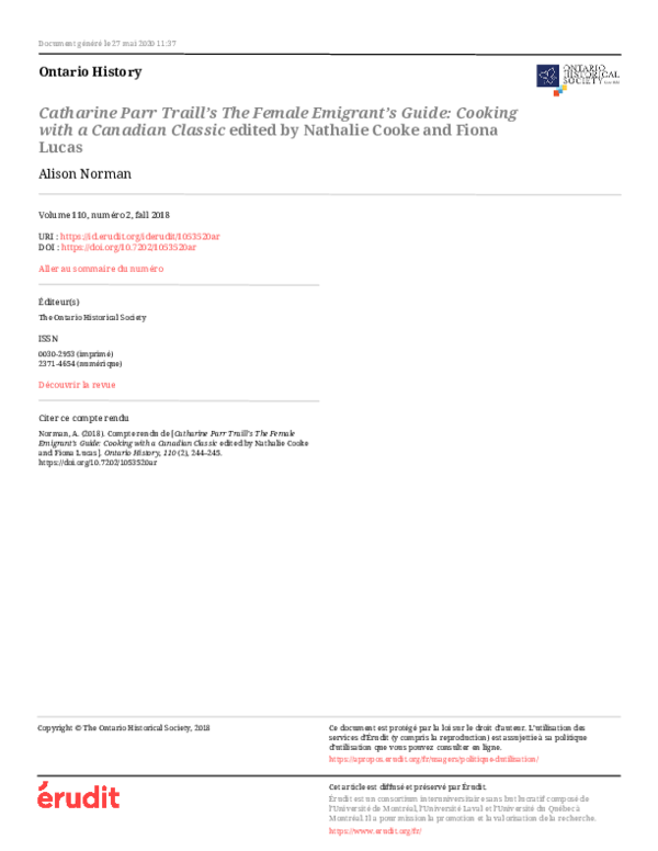 (PDF) Catharine Parr Traill’s The Female Emigrant’s Guide: Cooking with ...