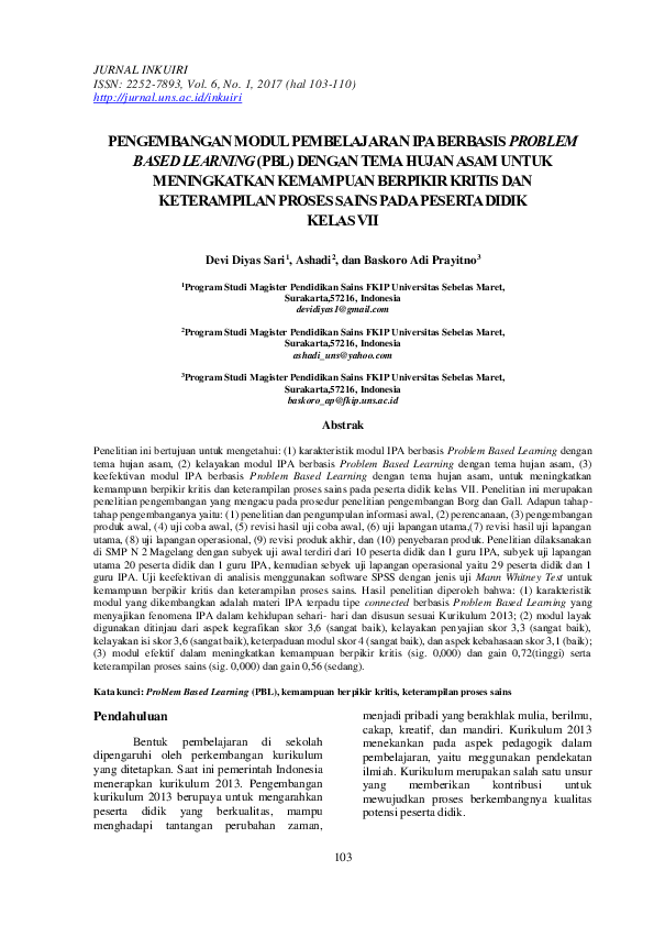 (PDF) Pengembangan Modul Pembelajaran Ipa Berbasis Problem Based Learning (PBL) Dengan Tema ...