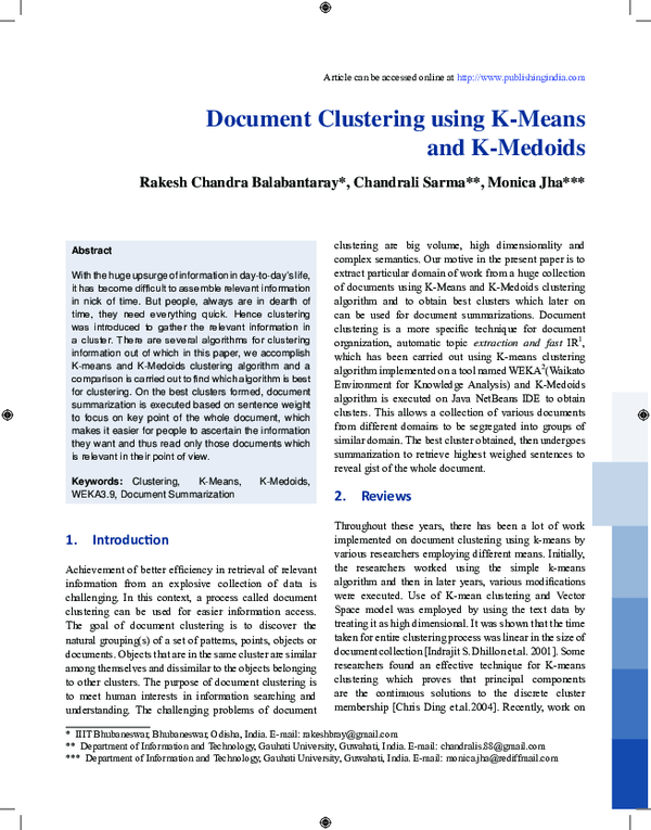 (PDF) Document Clustering using K-Means and K-Medoids