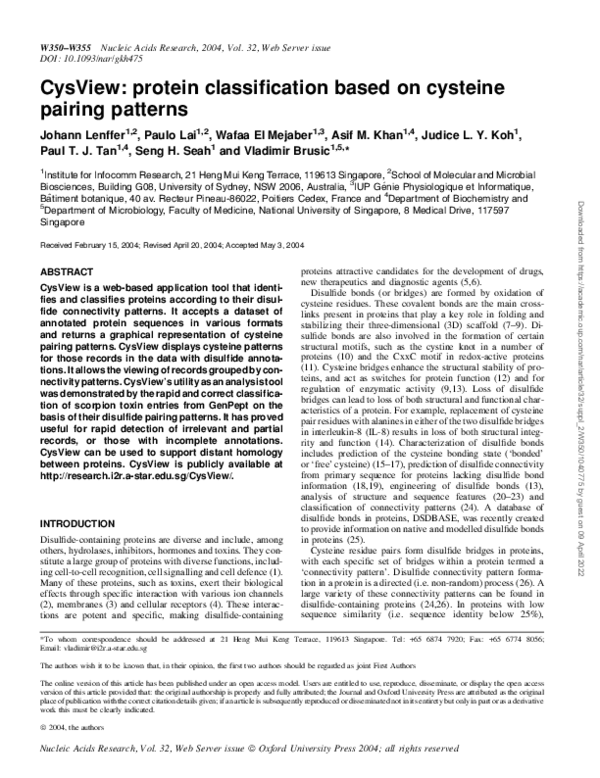 (PDF) CysView: protein classification based on cysteine pairing patterns