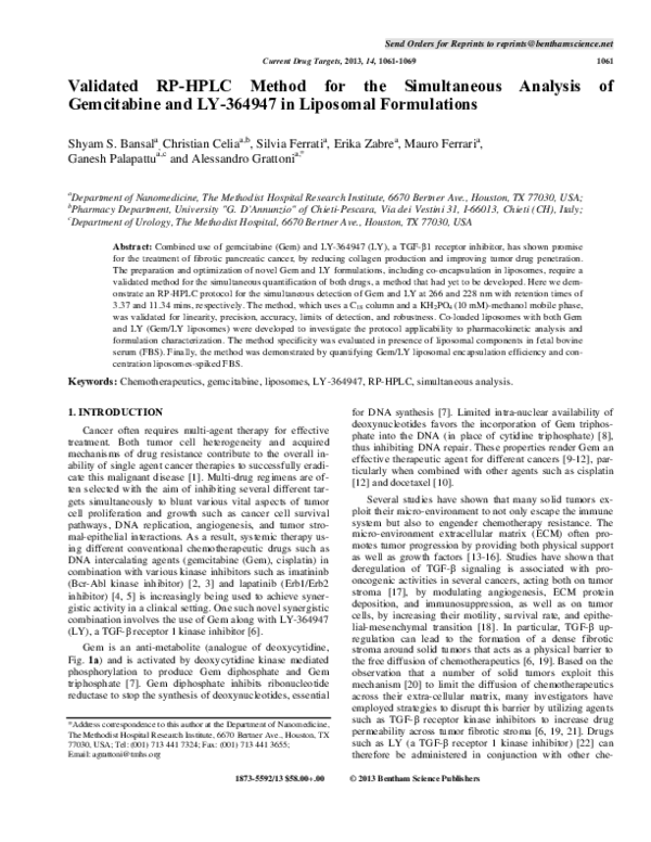 (PDF) Validated RP-HPLC Method for the Simultaneous Analysis of Gemcitabine and LY-364947 in ...
