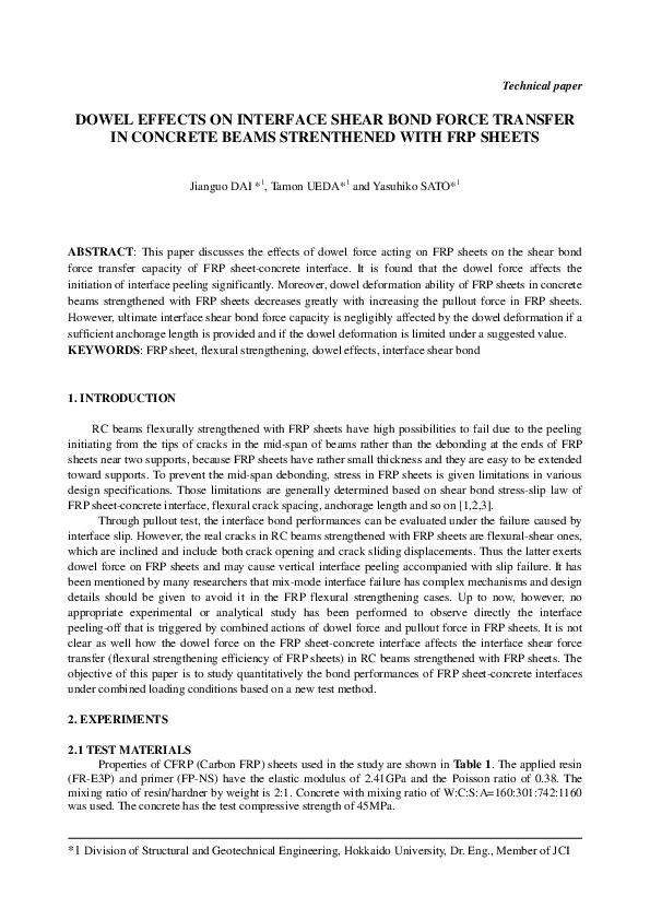 (PDF) Dowel Effects on Interface Shear Bond Force Transfer in Concrete ...