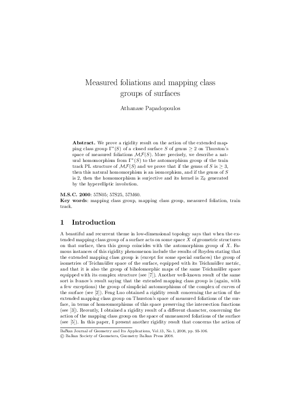 (PDF) Measured foliations and mapping class groups of surfaces