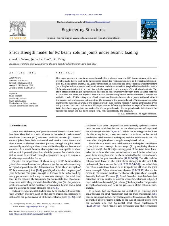(PDF) Shear strength model for RC beam–column joints under seismic loading