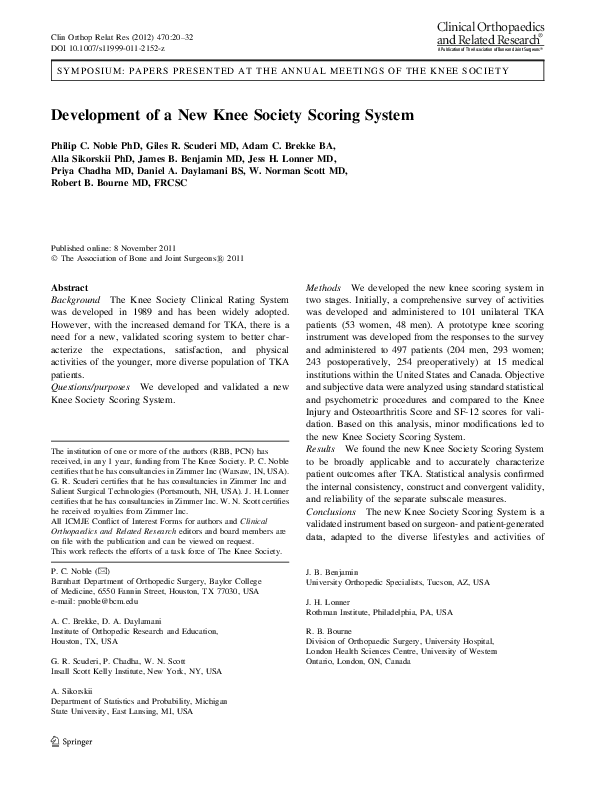 (PDF) Development of a New Knee Society Scoring System