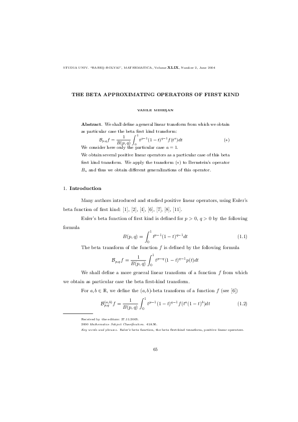 (PDF) The Beta Approximating Operators of First Kind