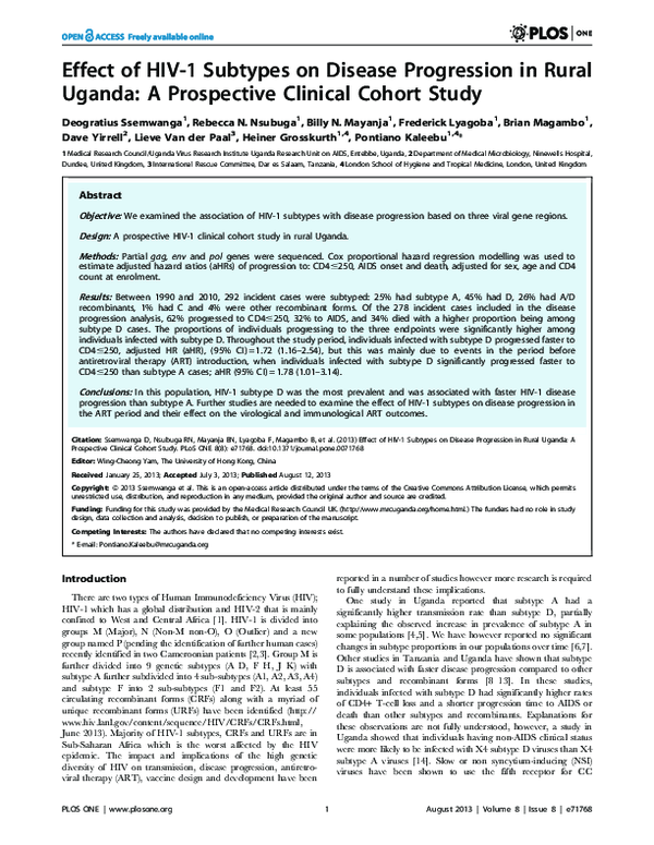 (PDF) Effect of HIV-1 Subtypes on Disease Progression in Rural Uganda ...