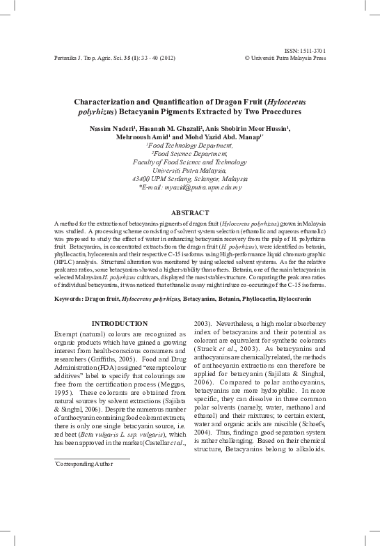 (PDF) Characterization and quantification of Dragon fruit (Hylocereus polyrhizus) betacyanin ...