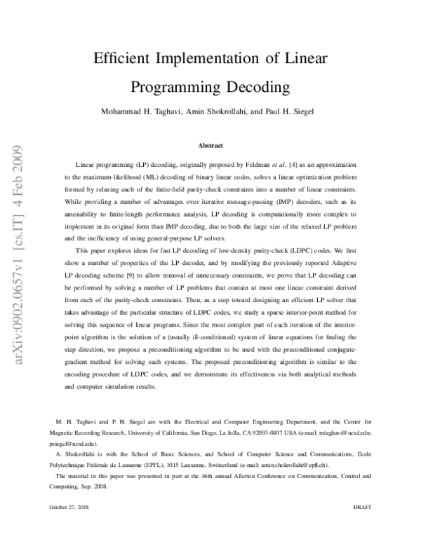 (PDF) Efficient Implementation of Linear Programming Decoding