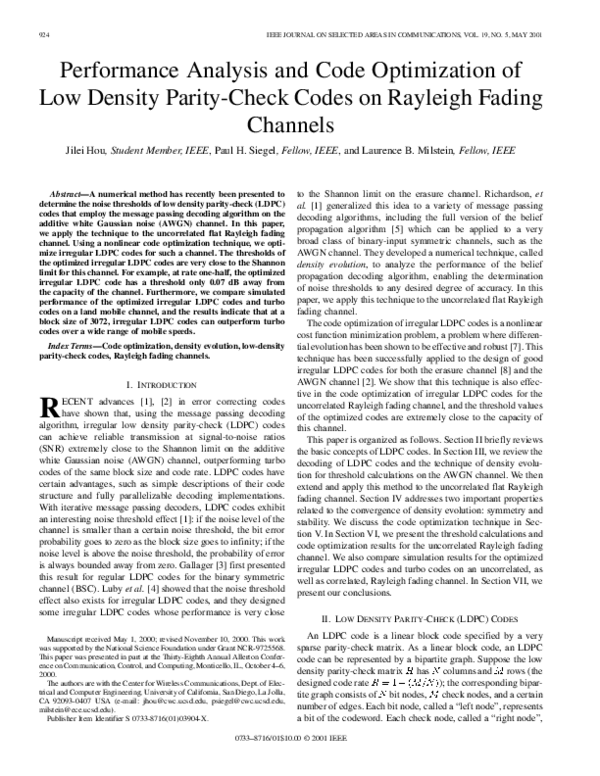 Pdf Performance Analysis And Code Optimization Of Low Density Parity Check Codes On Rayleigh