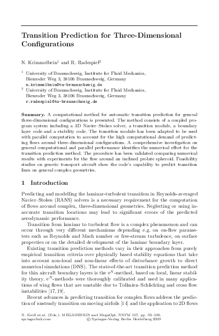 (PDF) Transition Prediction for Three-Dimensional Configurations