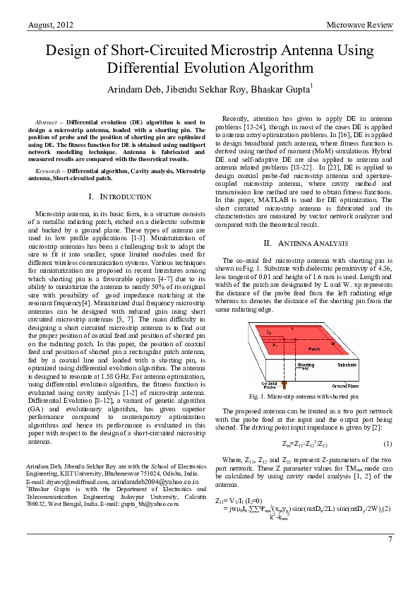 Pdf Design Of Short Circuited Microstrip Antenna Using Differential Evolution Algorithm