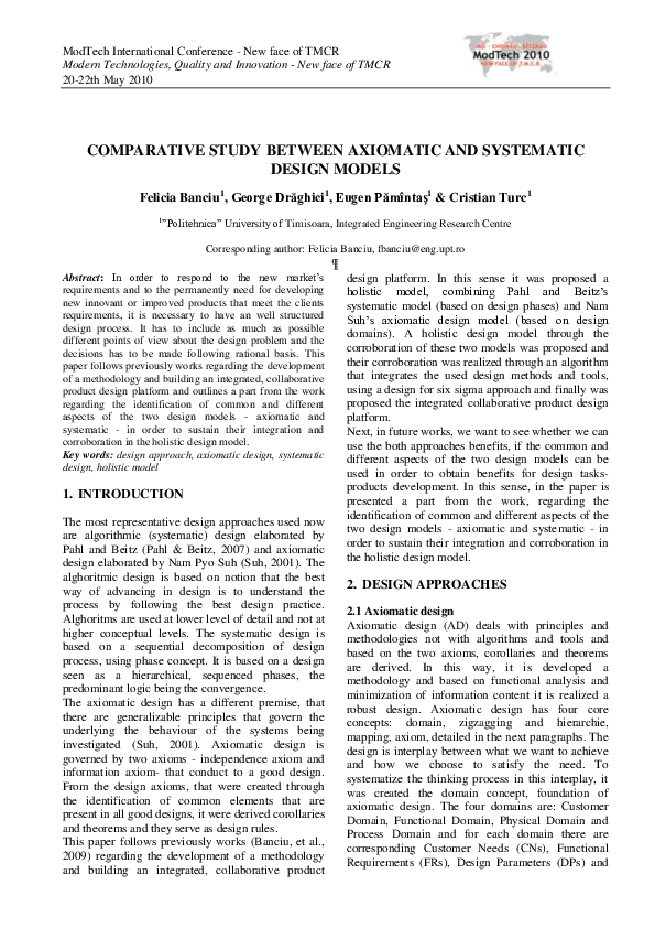 (PDF) Comparative Study Between Axiomatic and Systematic Design Models