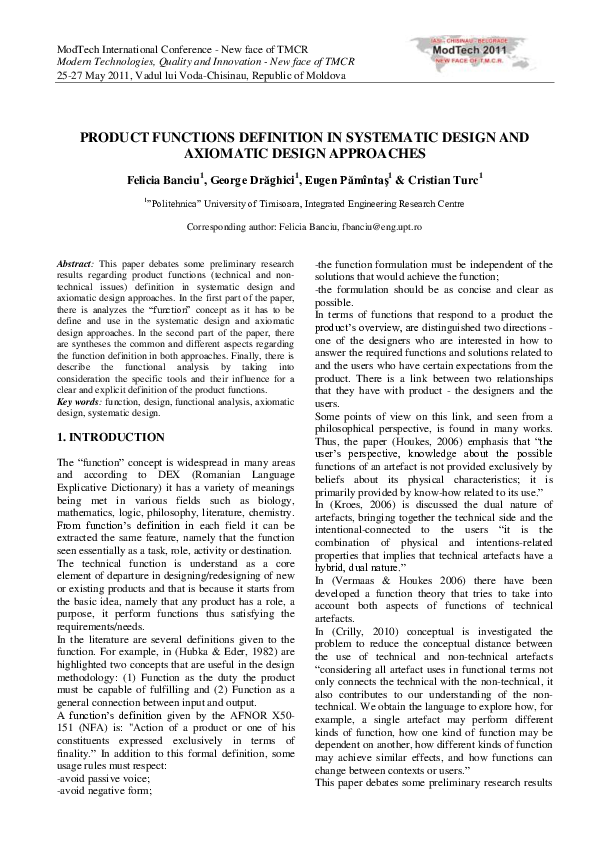 (PDF) Product Functions Definition in Systematic Design and Axiomatic ...