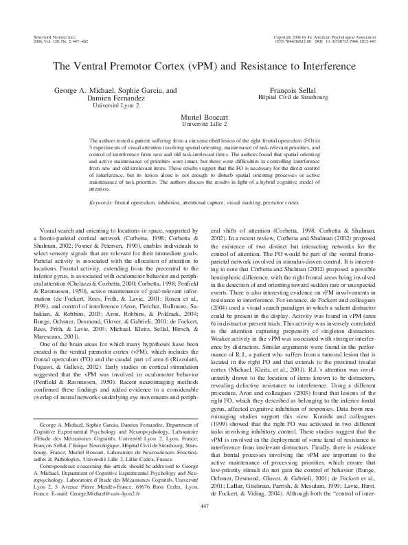 (PDF) The ventral premotor cortex (VPM) and resistance to interference