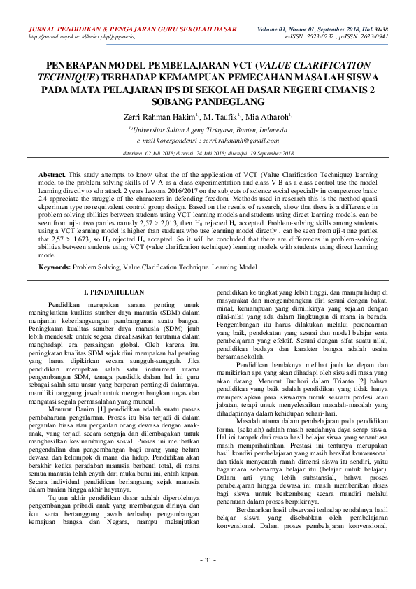 (PDF) Penerapan Model Pembelajaran VCT (Value Clarification Technique) Terhadap Kemampuan ...