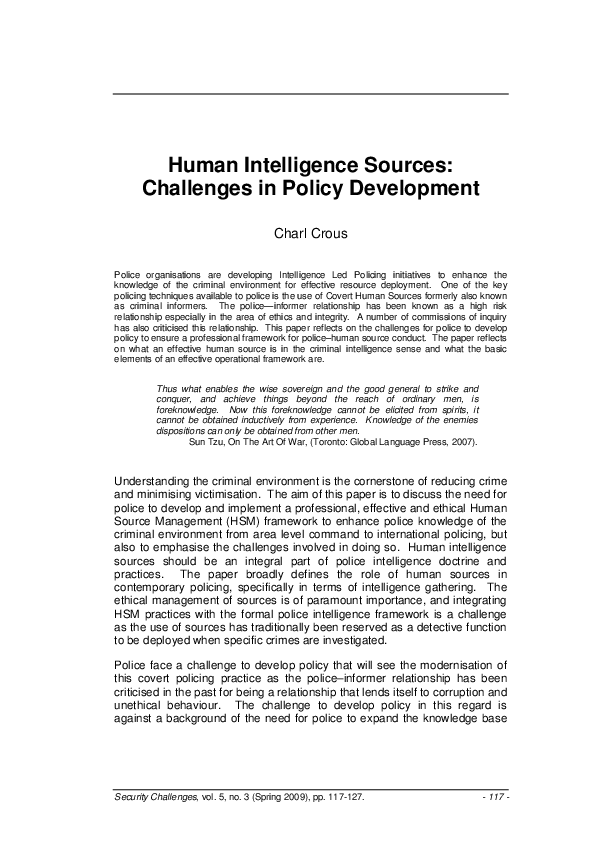 (PDF) Human Intelligence Sources: Challenges in Policy Development