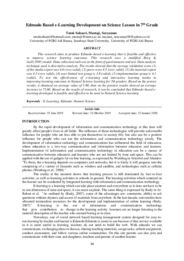 (PDF) Edmodo Based e-Learning Development on Science Lesson in 7th Grade