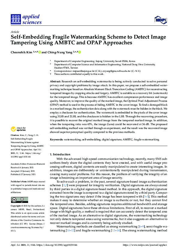 (PDF) Self-Embedding Fragile Watermarking Scheme to Detect Image Tampering Using AMBTC and OPAP ...