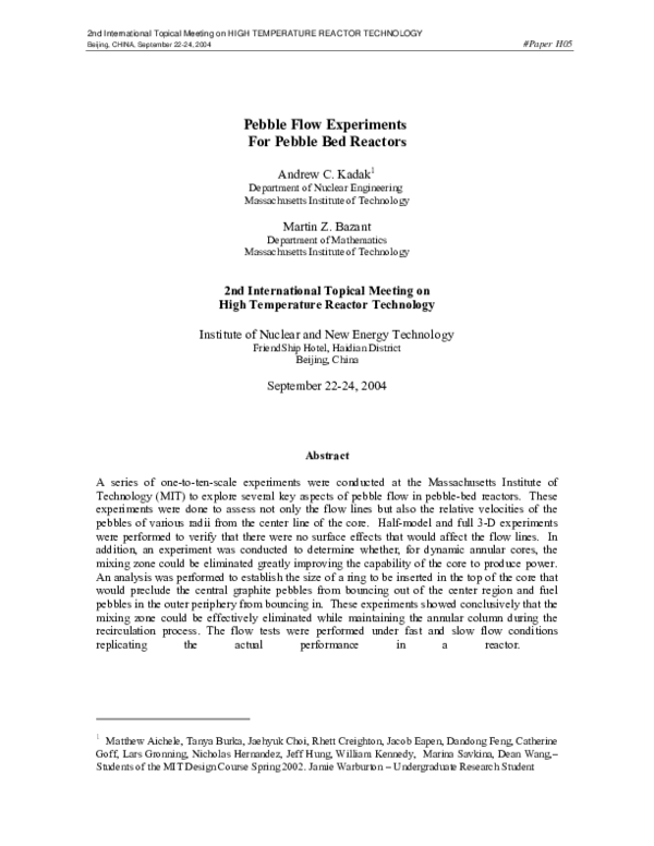 (PDF) Pebble flow experiments for pebble bed reactors