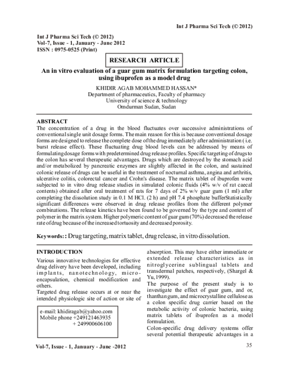 Pdf An In Vitro Evaluation Of A Guar Gum Matrix Formulation Targeting Colon Using Ibuprofen