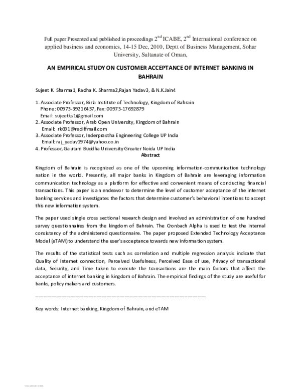 (PDF) Customer Acceptance of Internet Banking in Bahrain: An Empirical Study