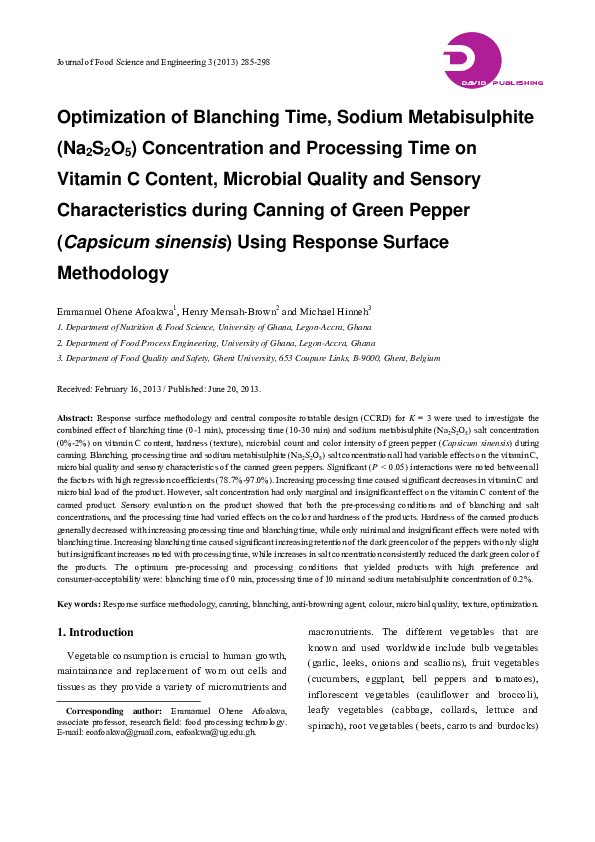 (PDF) Optimization of Blanching Time, Sodium Metabisulphite Concentration and Processing Time on ...