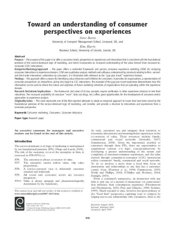 (PDF) Toward an Understanding of Consumer Perspectives on Experiences