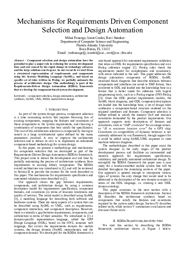 (PDF) Mechanisms for Requirements Driven Component Selection and Design Automation