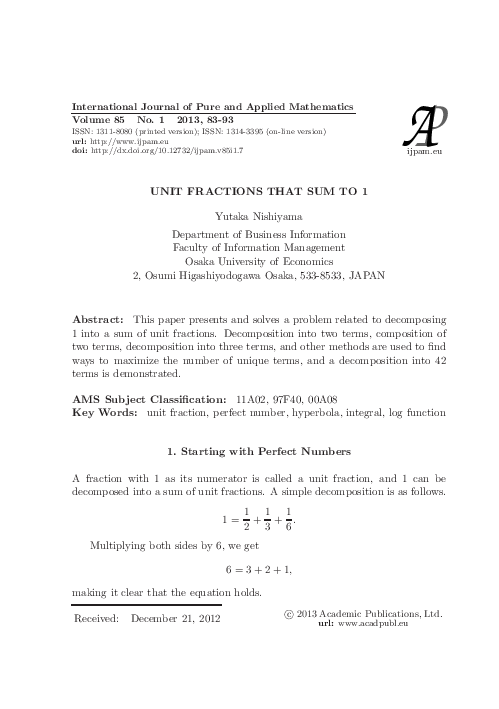 (PDF) Unit Fractions That Sum to 1